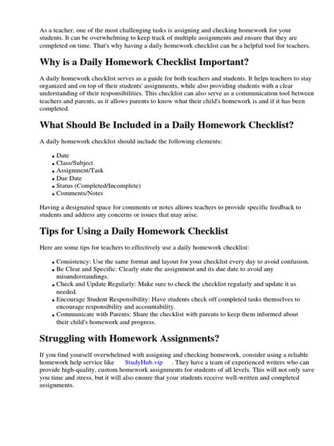 Daily Homework Checklist For Teachers | PDF | Homework | Teachers