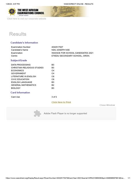 Image result for WAEC Transcript. Sample