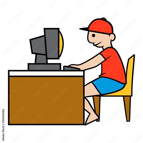 Cartoon Kid on Computer Vector Illustration Stock Vector | Adobe Stock