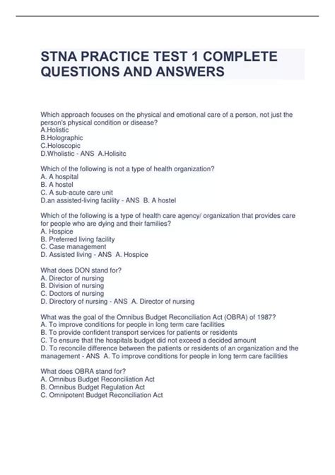 Image result for Free Printable STNA Practice Test