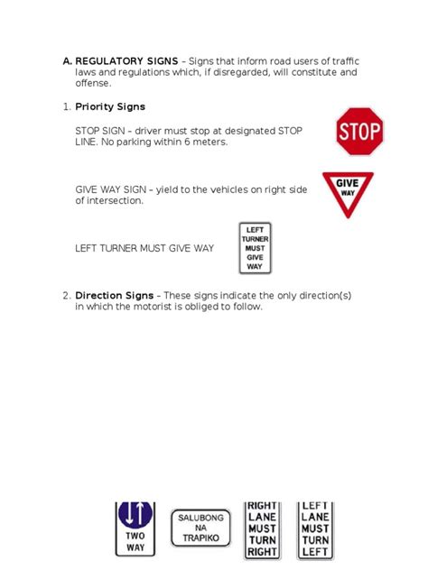 A. REGULATORY SIGNS - Signs That Inform Road Users of Traffic | PDF ...