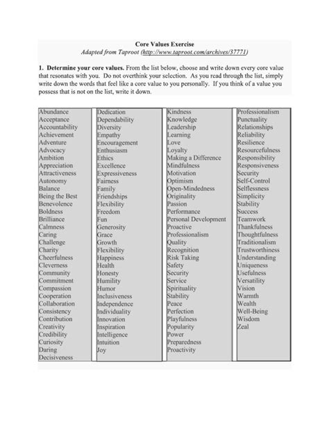 Image result for Core Values PDF Sheet