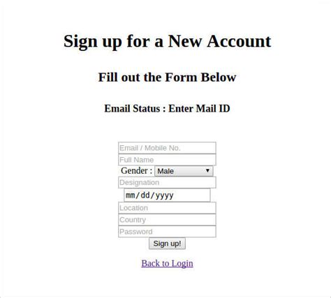 Image result for Sample HTML Sign Up Form with Label Template