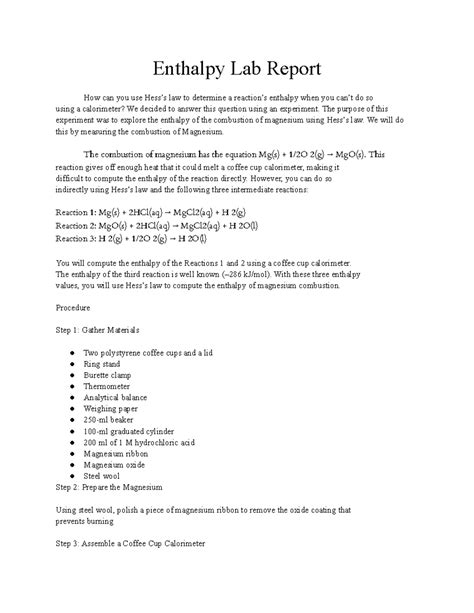 Image result for Final Lab Report Example Enthalpy