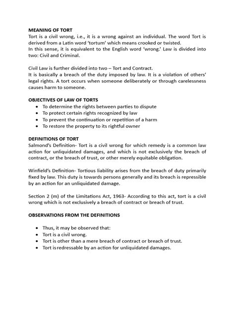 Law of Torts Notes | PDF | Tort | Defamation