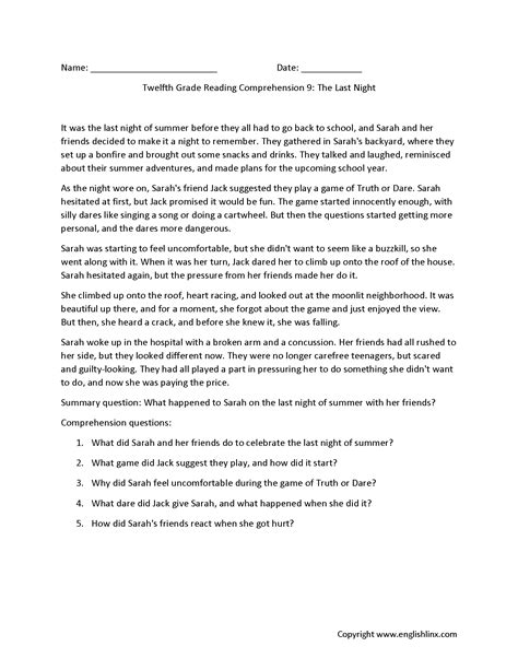 Image result for Reading Comprehension Worksheets Grade 12