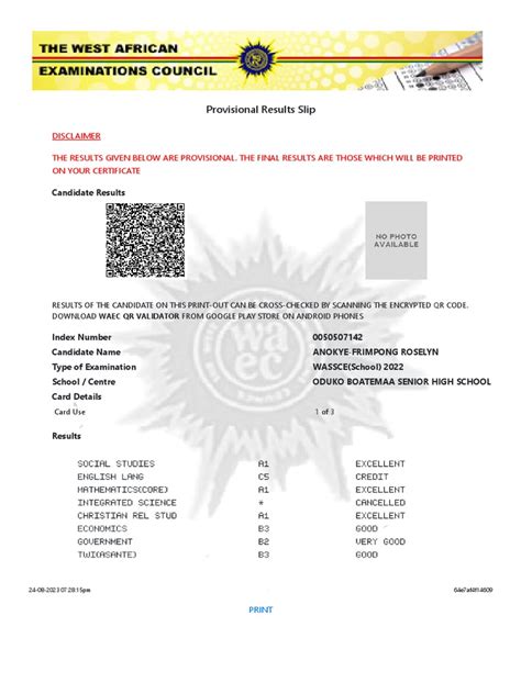 Image result for WAEC Transcript. Sample