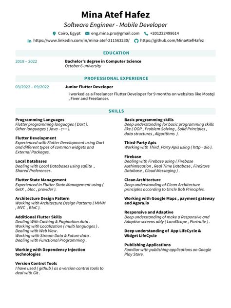 Image result for Flutter Developer CV