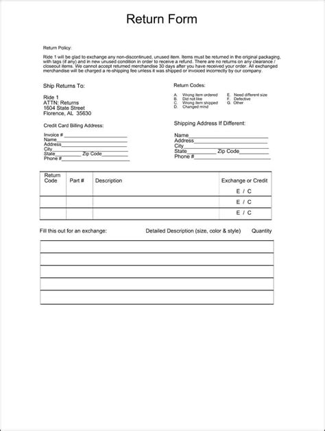 Image result for Return Form Example