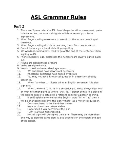Unit 1 Asl Grammar Rules | PDF