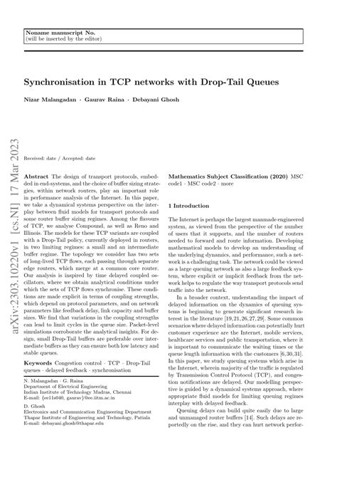 (PDF) Synchronisation in TCP networks with Drop-Tail Queues