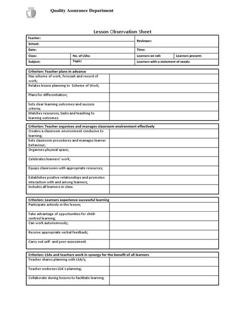 Image result for Lesson Observation Sheet