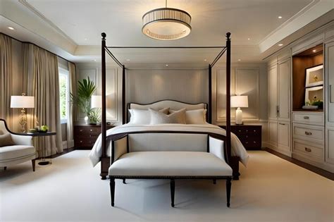 Premium AI Image | A bedroom with a bed and a lamp on the ceiling