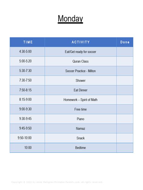 Image result for Example of a Schedule
