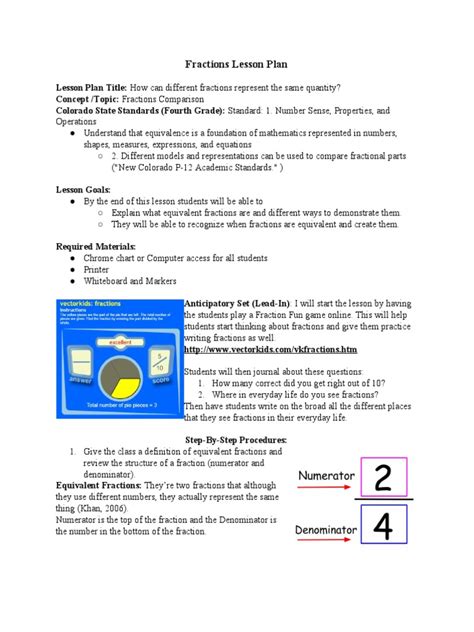 Image result for Fraction Lesson Plan 4th Grade PDF
