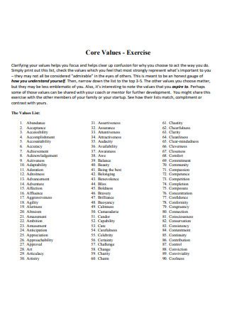 Image result for Printable List of Core Values