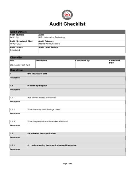 Audit Checklist - EMS | PDF | Audit | Internal Audit
