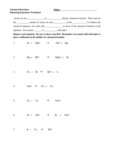 Chemical Reactions Worksheet Balancing Equations | PDF
