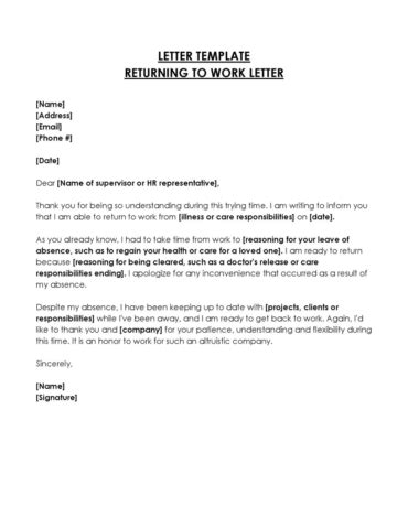 Image result for Return to Work Cover Letter Examples