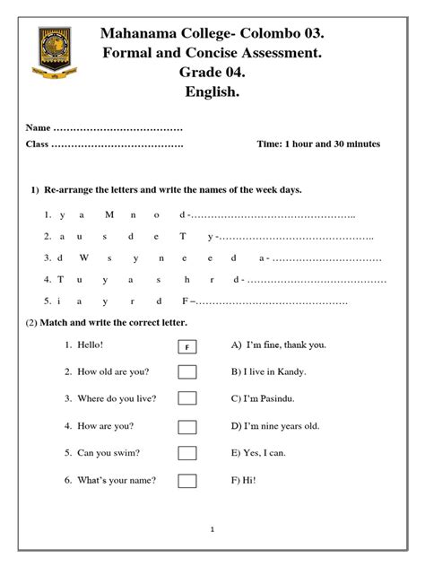 Image result for Class 4th English Sample Paper