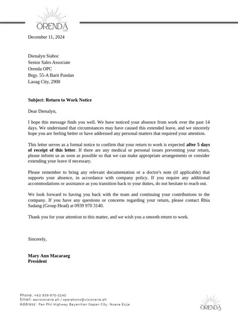 Image result for Return to Work Notice Sample