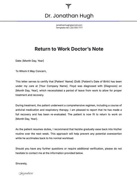 Image result for Return to Work Hospital Note