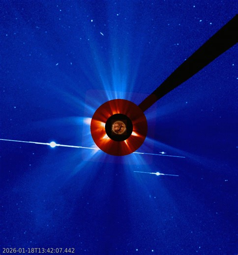 Coronal Mass Ejection erupts from the Sun on 18 January 2026 (blue-red GIF) This GIF shows a Coronal Mass Ejection (CME) leaving the Sun at high speed and heading towards Earth on 18 January 2026. The GIF combines data from NASA's Solar Dynamics Observatory (Sun disk) with coronagraph images acquired using the LASCO instrument onboard the ESA/NASA Solar and Heliospheric Observatory (SOHO) spacecraft. This 'halo' CME appears to grow radially outwards from the Sun in all directions, indicating tha