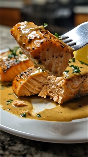 PAN-SEARED SALMON WITH CREAMY LEMON GARLIC SAUCE 🐟🍋 INGREDIENTS: For the salmon: 4 salmon fillets (skinless or skin-on) Salt and black pepper to taste 1 tablespoon olive oil 1 tablespoon unsalted butter For the creamy lemon garlic sauce: 2 tablespoons unsalted butter 4 garlic cloves, minced 1 tablespoon flour 1 cup cooking cream 1/2 cup vegetable broth Juice of 1 lemon 1 teaspoon Dijon mustard 2 tablespoons chopped parsley Salt and black pepper to taste INSTRUCTIONS: STEP 1: SEAR THE SALMON Pa