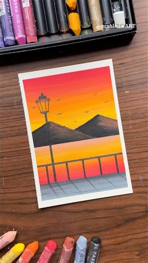 Easy Sunset Landscape Drawing with Oil Pastels | Step-by-Step Tutorial for Beginners