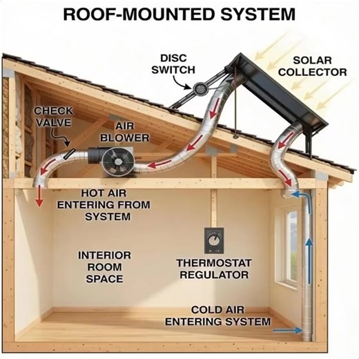 a "ROOF-MOUNTED SYSTEM" for solar air heating, showing a cross-section of a house with the system integrated. Here's a detailed description: 👉 Overall Layout: The diagram depicts the upper portion of a house, including the roof, an attic space, and an "INTERIOR ROOM SPACE" below. A solar heating system is installed, with components both on the roof and within the house structure. 👉 Components and Airflow: 1. Solar Collector: * Positioned prominently on the roof, angled to receive maximum sunli