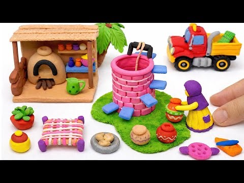 DIY How to make polymer clay miniature village house, water well, kitchen set & truck 