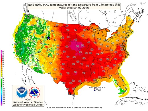 Above normal temperatures will gradually make it's way over into the East over the next few days, while temperatures in the West Coast will remain closer to normal. Take a look at the max temperatures for the upcoming week! | NOAA NWS Weather Prediction Center