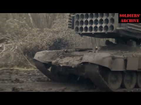 Russian heavy multiple rocket launcher TOS-1 strikes Ukrainian positions in the Donbas