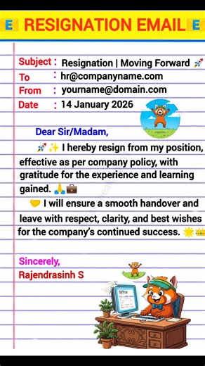 || RESIGNATION EMAIL FORMAT ✉️ | Professional Way to Quit Your Job Respectfully 🚀 || Planning to resign from your job but don’t know how to write a professional resignation email? 🤔 This simple and respectful resignation email format will help you leave your company on good terms 💼✨ ✅ Perfect for freshers & experienced professionals ✅ HR-approved formal language ✅ Smooth handover & positive exit message 📌 Save this post for future use 📤 Share with friends who are changing jobs 💬 Comment “E