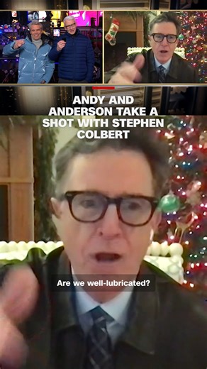 Anderson Cooper and Andy Cohen caught up with late night host Stephen Colbert and took shots together on New Year's Eve. | CNN