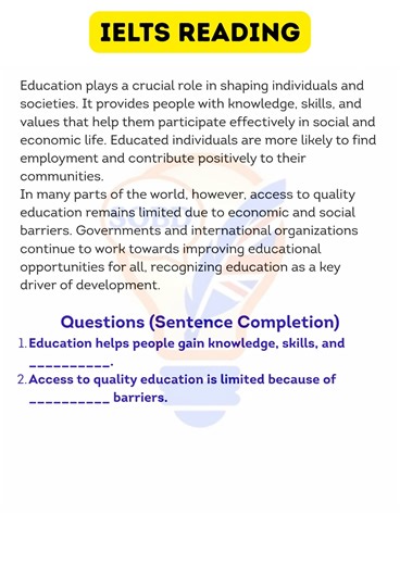 Write the correct answers in the comment box. | SOBD IELTS Welcome to SOBD IELTS – your trusted guide for IELTS preparation and improving English skills. Our mission is to help students achieve their dream scores and unlock global opportunities for study abroad. For Daily Scholarship Updates: www.scholarshipsfuture.com Facebook: https://www.facebook.com/sobdielts On this channel, you will find: IELTS Speaking practice (Part 1, Part 2, Part 3) IELTS Reading tips and strategies IELTS Writing Task 