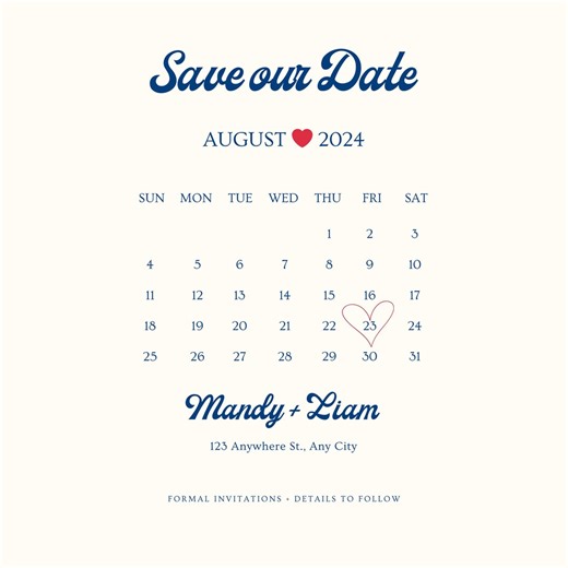 Save the Date Calendar Template, Navy Retro Script Wedding, Highlighted Heart (digital Download) - Etsy