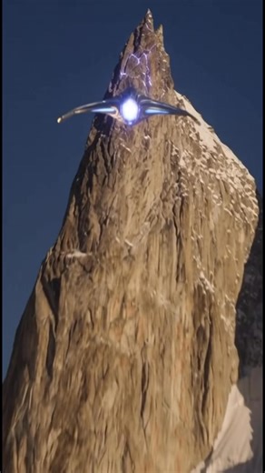 A 6-second cinematic sci-fi shot of a massive alien spaceship descending from the sky and violently breaking open a giant rocky mountain. The rock shatters in slow motion as glowing cracks spread across its surface. The alien spacecraft, sleek and otherworldly with glowing blue and purple energy, forces its way inside the rock, creating a dramatic explosion of dust, debris, and light. Intense cinematic lighting, volumetric fog, flying rock fragments, and energy waves. Epic, magnificent, mysterio