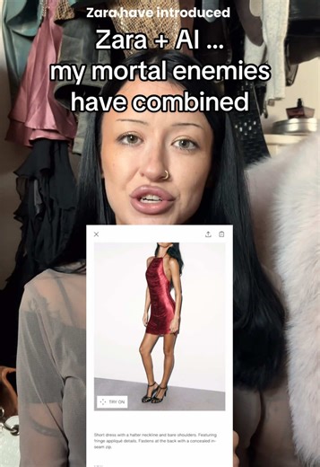 Zara have introduced us to their new AI try on feature on their app! I can’t wait for this to be spun as an accessibility feature or something😶‍🌫️But seriously wtf I’m uncomfortable with this…soon we’ll be the humans in Wall-E…No but seriously, does anyone think this is genuinely helpful? Maybe it’s just my feed, but for years it has been full of Zara reviews, and how their sizing is so OFF…???…anyway guys Zara is poop and let’s continue to shop second hand💖🩵🌀🩷#zara#ai#shopsecondhand#tryon