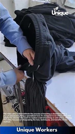 Trousers Elastic Insertion Process: Factory Worker Fits Elastic Cord into Winter Jacket