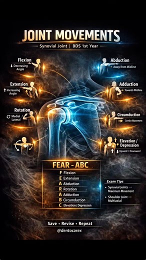 ⎯⎯ ✧ DENTΟCAREX ✧ ⎯⎯ on Instagram: "🔄 JOINT MOVEMENTS (SYNOVIAL JOINTS) 🟦 BASIC MOVEMENTS Flexion → Decreasing joint angle Extension → Increasing joint angle Abduction → Away from midline Adduction → Towards midline Rotation → Turning around long axis 🟩 SPECIAL MOVEMENTS Circumduction → Circular movement Pronation → Palm facing down Supination → Palm facing up 🔄 MOVEMENTS OF SYNOVIAL JOINTS Plane → Gliding Hinge → Flexion & Extension Pivot → Rotation Condyloid → Flexion, Extension, Abduction