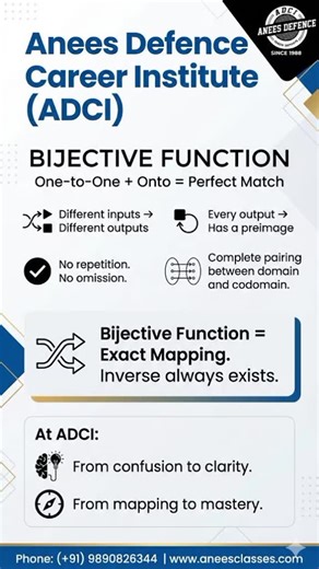 Evergreen Education Foundation on Instagram: "Bijective Function = Exact Mapping. No repetition. No omission. Only perfect pairing. At ADCI, we turn confusion into clarity and mapping into mastery. One-to-One guidance. Complete success strategy. 🎯 Hashtags: #AneesDefenceCareerInstitute #ADCI #BijectiveFunction #ExactMapping #NDACoaching DefenceAspirants MathsMadeEasy CareerClarity StudentToSuccess DefenceExamPrep ConceptToMastery FutureOfficers"