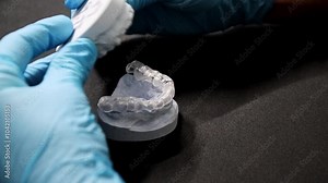 Tooth imprint and dental splint held by Orthodontist with his hands for dental protection against bruxism and gnash protection as dentistry surgery for braces against underbite or crossbite by plaster