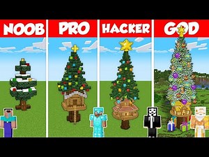 CHRISTMAS TREE HOUSE BUILD CHALLENGE - Minecraft Battle: NOOB vs PRO vs HACKER vs GOD / Animation