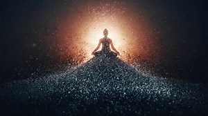 Download Serene Silhouette Meditating Amidst Particle Dust and Golden Light. for free