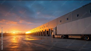 Sunrise Logistics: A semi-truck stands at a loading dock, a symbol of global trade and supply chains, bathed in the golden hues of sunrise. Stock Video