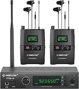 Phenyx Pro Wireless in Ear Monitor System, True Stereo UHF IEM, in Ear Monitors for Musicians, Metal Stage Monitor w/ 89 Frequencies, Rack Mount, for Studio/Band (2 Bodypacks with Transmitter)