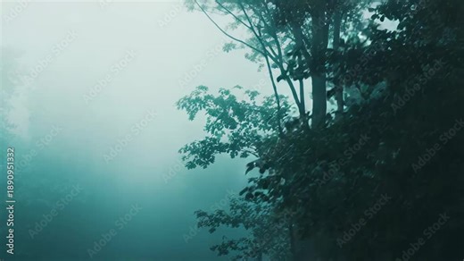 Heavy fog enveloping a dense forest, obscuring visibility and creating a serene yet somewhat eerie natural backdrop with a cool, desaturated color palette