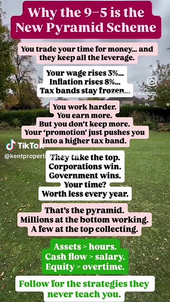 The biggest pyramid scheme today isn’t crypto. It isn’t MLM. It’s the 9–5. Here’s why: • Your wages go up slowly. • Your cost of living jumps fast. • Your tax allowance freezes. • Your pension gets pushed back. You work more. You pay more. You keep less. Meanwhile: CEOs get bonuses. Corporations raise prices. Government collects more tax without raising rates. You see the pyramid now? Millions working at the bottom… A tiny number collecting at the top. 💡 The only escape is to stop trading time 