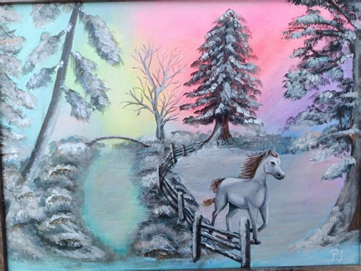 White Horse Winter Painting – Acrylic Snow Landscape, Pastel Sunset Wall Decor - Etsy